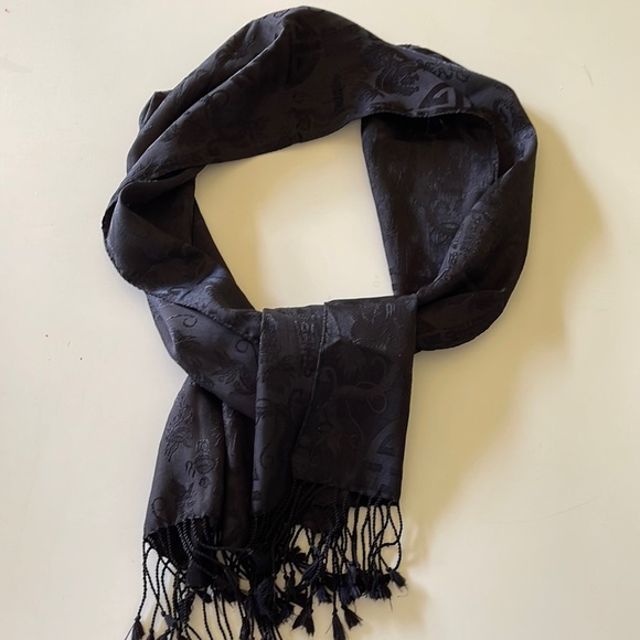 Accessories | Black Silk Long Scarf With End Tassels | Poshmark
